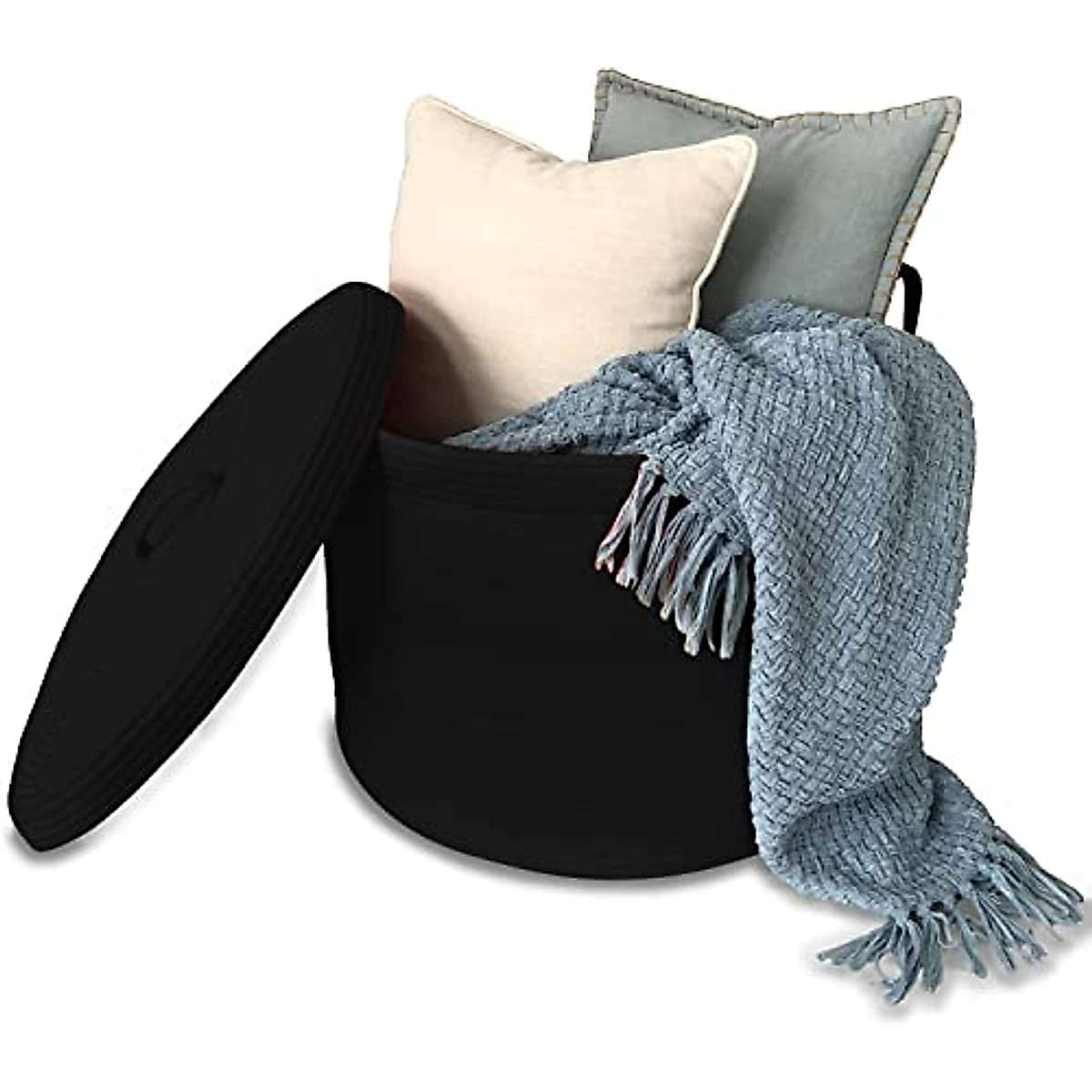 Extra Large Storage Laundry Basket 22" X 16" Cotton Rope Woven Basket for Blanket Basket with Handles for Living Room Toys Storage XXXL (Black)