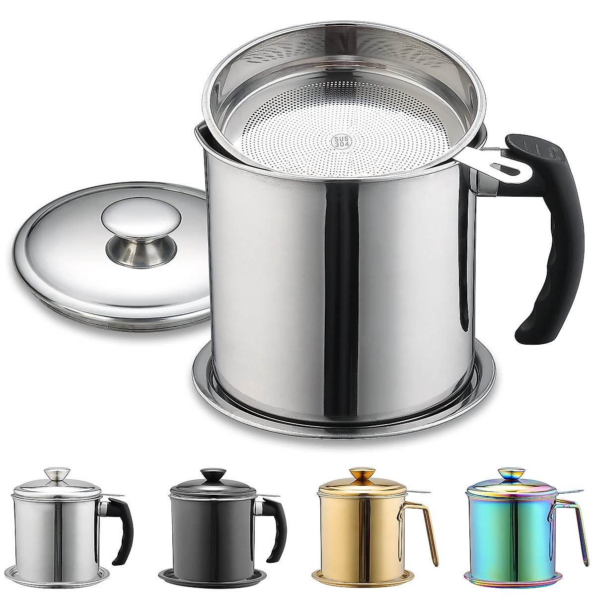 Berglander Bacon Grease Container With Strainer 47oz/1.4L, Stainless Steel Oil Storage Container with Fine Mesh Strainer Dust-proof for Storing Frying Oil and Cooking Fat, Cooker Accessories