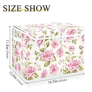 Sletend Storage Box Rose Flower Floral Closet Storage Bins with Lids, Foldable Oxford Fabric Storage Box for Home Bedroom Closet Office (16.5x12.6x11.8 in)
