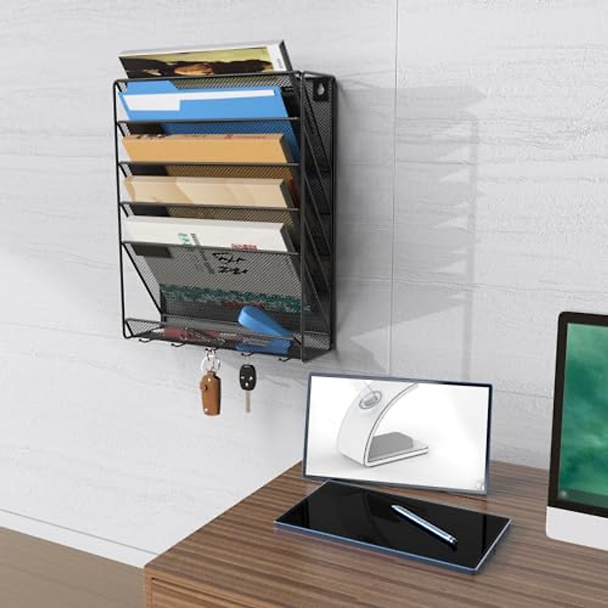 samstar Wall File Organizer with Hooks, 6 Tier Wall Mount File Holder Hanging File Organizer Vertical File Rack for Office/School/Home, Black