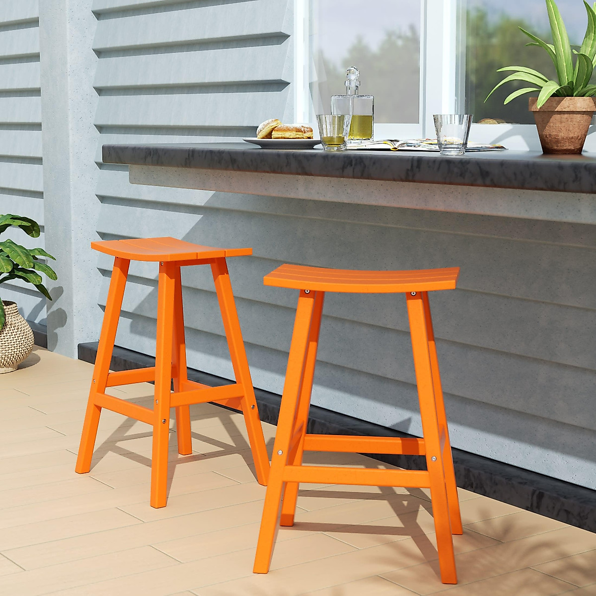 Costaelm All-Weather Bar Stools Set of 2, 29" Height Outdoor Bar Stools, Adirondack Poly Patio Bar Stool for Patio, Deck, Kitchen Counter and Garden, Orange