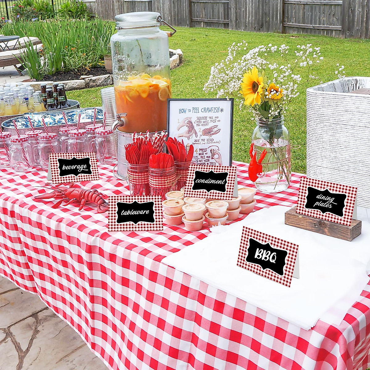 24PCS BBQ Party Decorations Place Cards for Table Setting Red Gingham Tent Cards Plaid Chalkboard Signs with Marker Picnic BBQ Decorations Food Labels for Party Buffet Birthday Baby Shower Party