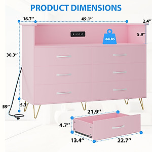 Patikuin Dresser for Bedroom with LED Light & Charging Station, 6 Drawers Wooden Dressers with Open Space, Modern Chest of Double Wide Drawers for Living Room, Entryway, Hallway TV Stand, Pink