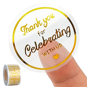joycraft 500Pcs Thank You Stickers, 1.5 inch Gold Foil Round Clear Stickers, Thank You for Celebrating with Us Stickers, Personalized Gift Stickers for Envelope Seals, Gift Wrapping, Gift Bags