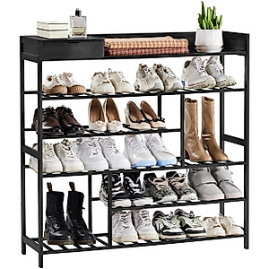 Apicizon Shoe Rack for Front Door Entrance, 6-Tier Bamboo Shoe Rack for Entryway with Shelf, Shoe Organizer with Storage Box Free Standing Shoe Storage for Closet, Hallway, Black