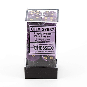 DND Dice Set-Chessex D&D Dice-16mm Vortex Purple and Gold Plastic Polyhedral Dice Set-Dungeons and Dragons Dice Includes 12 Dice – D6