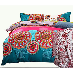 Pangzi Bohemian Duvet Cover Set Lightweight Microfiber Bedding Set Boho Floral Print Comforter Cover with Zipper Closure (Queen)