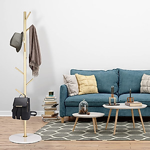 Snaikor Metal Coat Rack with Natural Marble Base, Modern Coat Rack Freestanding, Sturdy Coat Tree Stand, Golden Hall Tree for Jacket Hat Bag Entryway