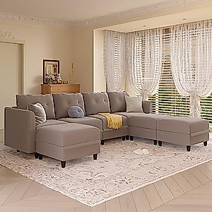 LLappuil Velvet Modular Sectional Sofa with Reversible Chaises, 7 Seater U Shape Sectional with Storage, Waterproof, Anti-Scratch and Antistatic Modular Couch for Living Room, Brown
