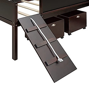 GINGVAT Twin Size Loft Bed with Two Storage Boxes, Wood Loft Bed with Climbing Frame, Slide and Guardrails，Multi-Functional，Espresso