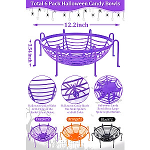 TURNMEON 6 Pcs 12.2 Inch Large Size Halloween Candy Bowls, Spider Web Bowls Halloween Decorations Black Orange Purple Halloween Bowls Trick Or Treat Halloween Candy Dish Party Table Desk Home Decor