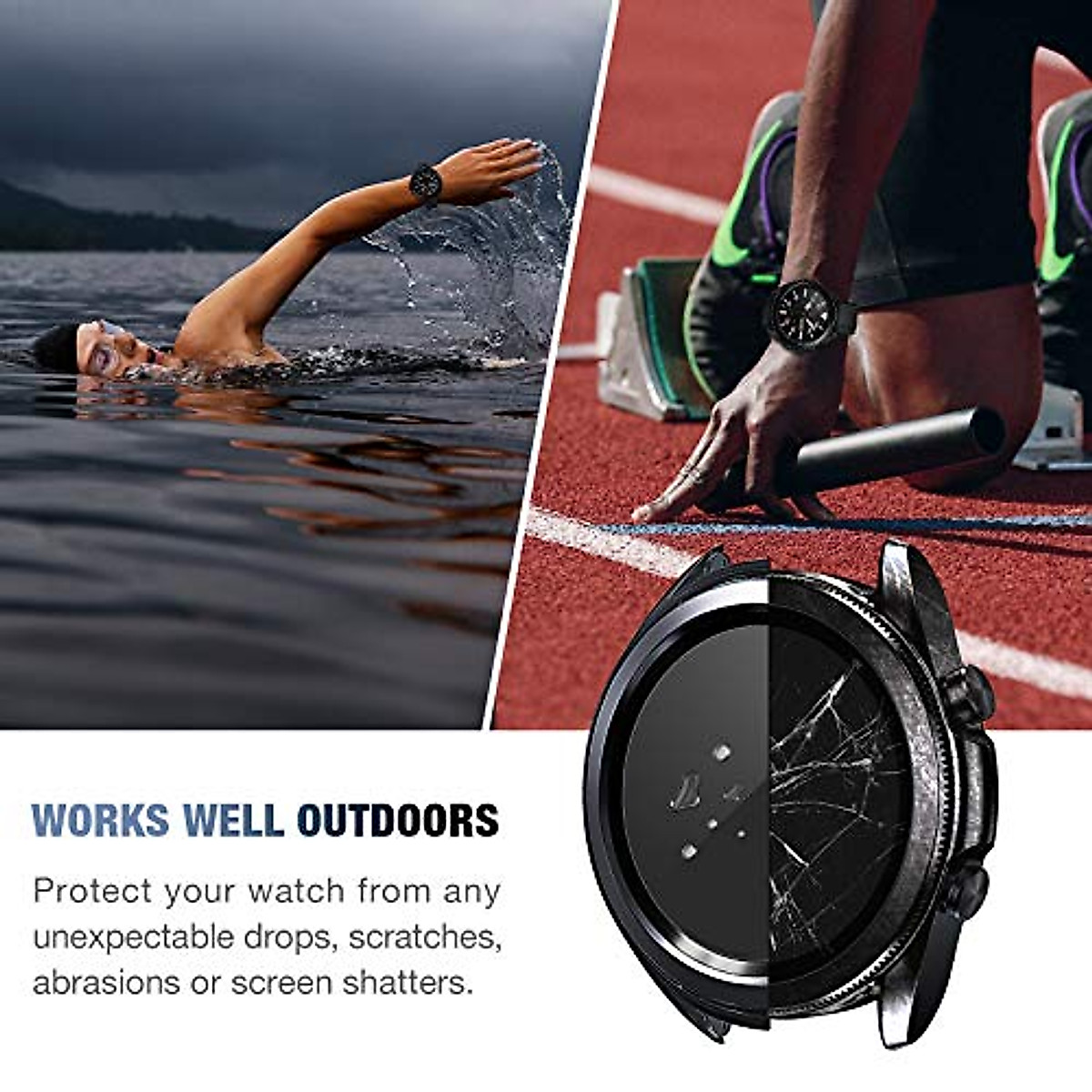 [2+2Pack] Tensea Compatible Samsung Galaxy Watch 3 45mm Screen Protector and Case, 2 Pack Tempered Glass Protective Film and 2 Pack TPU Watch Cover Accessories Set for Galaxy Watch3 45, Titanium, 41mm