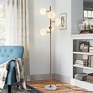 BOKT Gold Mid Century Modern Floor Lamp 5-Lights Glass Globe Floor Lamp Antique Brass Floor Lamps Contemporary Tall Free Standing Reading Lamp for Bedroom Living Room