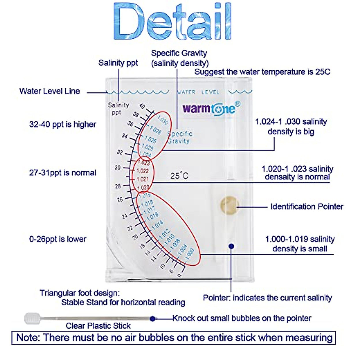 Abnaok Salinity Tester, Sea Specific Gravity Test for Fish Tank Pond Water Saltwater Freshwater, Accurate Automatic Hydrometer