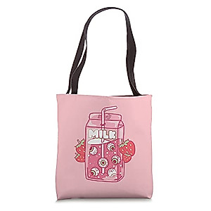 Weirdcore Aesthetic Kawaii Strawberry Milk Carton Eyeballs Tote Bag