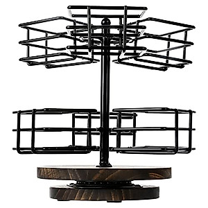 MyGift Black Metal Wire Tea Organizer Spinning Carousel Teabag Holder Basket with Dark Brown Wood Base, 6-Compartment Tea and Coffee Station Condiment Rack