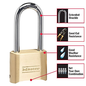 Master Lock Combination Lock, Indoor and Outdoor Padlock, Set Your Own Combination Lock, Extended 2-1/4 in. Lock Shackle with Brass Finish, 175DLH