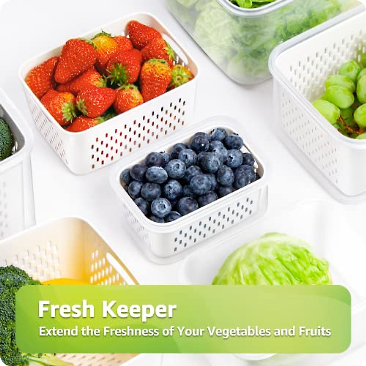 COCOYA 5-Pack Large Fruit Containers for Fridge, Leakproof Produce Storage Keeper with Removable Colander Food Grade BPA FREE Keep Vegetables Berry Veggies Lettuce Apple Banana Meat Food Fresh Longer