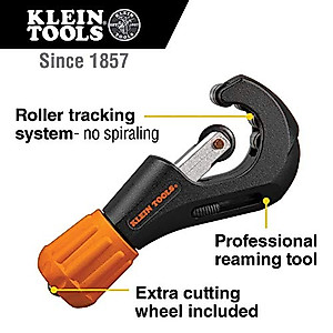 Klein Tools 88904 Professional Tube Cutter, 4-Roller Tracking System, Accurate Cutting for HVAC, Reaming Tool, Includes Extra Cutting Wheel