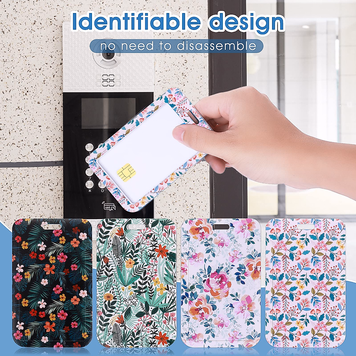 cobee Hard Plastic ID Badge Holder, 4PCS ID Credit Card Holder Heavy Duty Badge Holder Vertical Card Protector Colorful Card Case for Women Work Nurse Teacher (flowers)