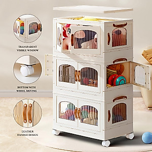 EHAMILY Stackable Storage Bins with 1 Lid Set 3 Tier,19 Gal Clear Plastic Folding Storage Box with Wheel and Door,Large Foldable Cabinet Collapsible Bin for Closet Organizer,Clothes,White