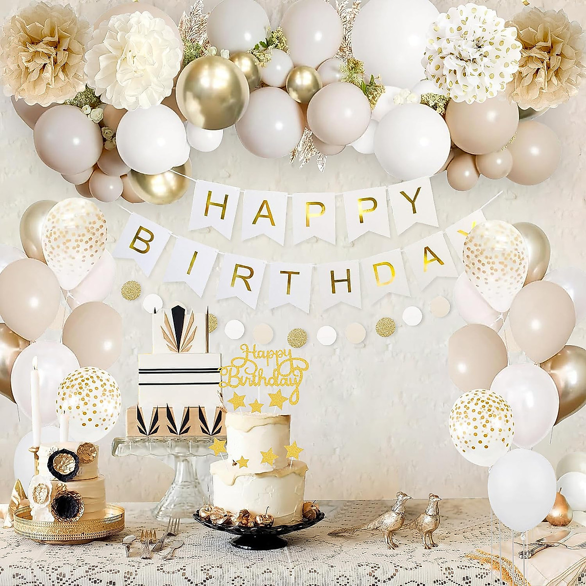 Upgraded Gold White Birthday Party Decorations for Girls Women Men with Happy Birthday Sash,Banner,Tissue Pompoms,Circle Dots Garland,Paper Tassels Garland, cake topper for Her Birthday Decor