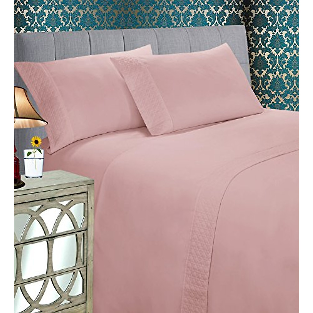 Elegant Comfort Luxury Best, Soft Coziest 3-Piece Bed Sheet Set! 1500 Thread Count Egyptian Quality | Quilted Design on Flat Sheet and Pillowcases | Wrinkle Free, 100%, Twin, Dusty Rose