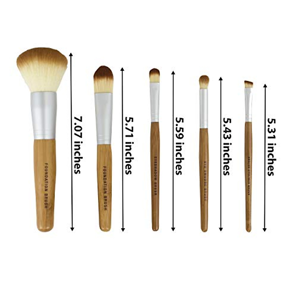 Bamboo Naturals Makeup Brushes, Natural Bamboo Handles, Includes Five Brushes: Powder Foundation and Liquid Foundation Brush, Eyeshadow Brush, Smudge Brush, Angled Eyeliner Brush, 11 x 1.3 x 7, 5 PC