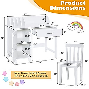 Costzon Kids Desk and Chair Set, Children Wooden School Learning Table w/Drawer & Storage Cabinets, Student Writing Computer Workstation for Bedroom & Study Room, Gift for Ages 3-8 (White)