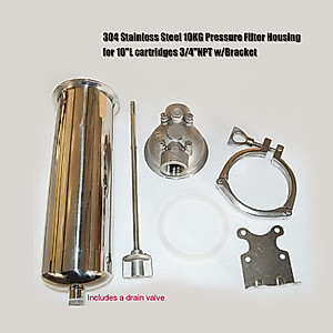 INTBUYING 304 Stainless Steel 10KG High Pressure Water Filter Housing for 10’’L cartridges Filter,3/4in NPT Inlet and Outlet with Bracket and Drain Valve Heavy Duty Water Filter System
