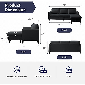 ijuicy Convertible Sectional Couch,78" Small Sectional Sofa, 3-Seat Upholstered Linen L Shaped Sofa w/Movable Storage Ottoman,Reversible Chaise Lounge for Living Room/Small Spaces(Dark Grey)