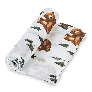 LollyBanks 100% Cotton Muslin Swaddle Forest Baby Blanket Set, Deer, Bear, and Pine Tree Pattern | Boy Receiving Blankets Pack of 3 Breathable Security Swaddles