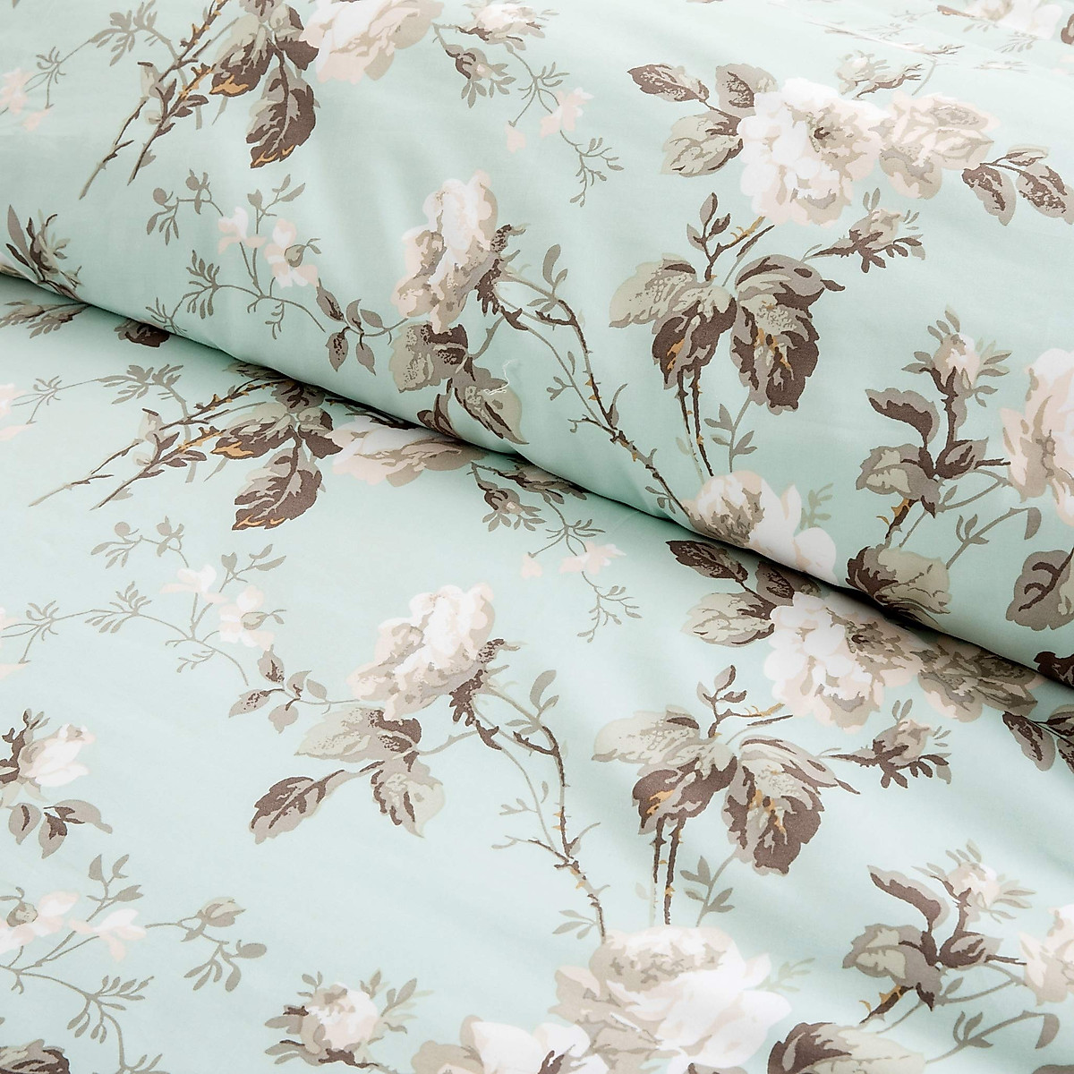 Eikei Home French Country Garden Toile Floral Printed Duvet Quilt Cover Cotton Bedding Set Asian Style Tapestry Pattern Chinoiserie Peony Blossom Tree Branches Multicolored Design (Queen, Light Blue)