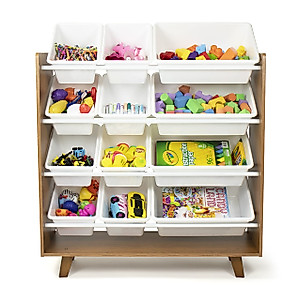 Humble Crew 12-Bin Toy Storage Mid-Century Organizer, Wood/White