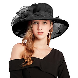 ORIDOOR Women’s Organza Church Tea Party Wedding Fascinator Hat UV-Anti Wide Brim Sun Hats (F Black, One Size) …
