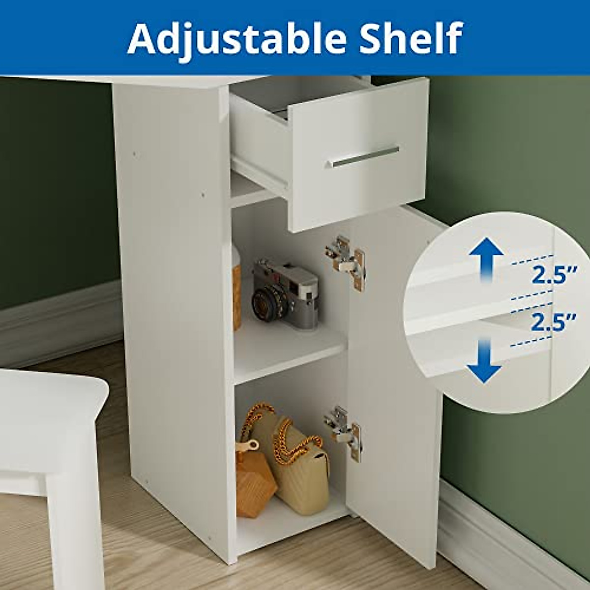 Cozy Castle Corner Vanity Set, Makeup Vanity Desk with Mirror and Lights, Vanity Table with Drawer and Adjustable Shelf for Bedroom, White