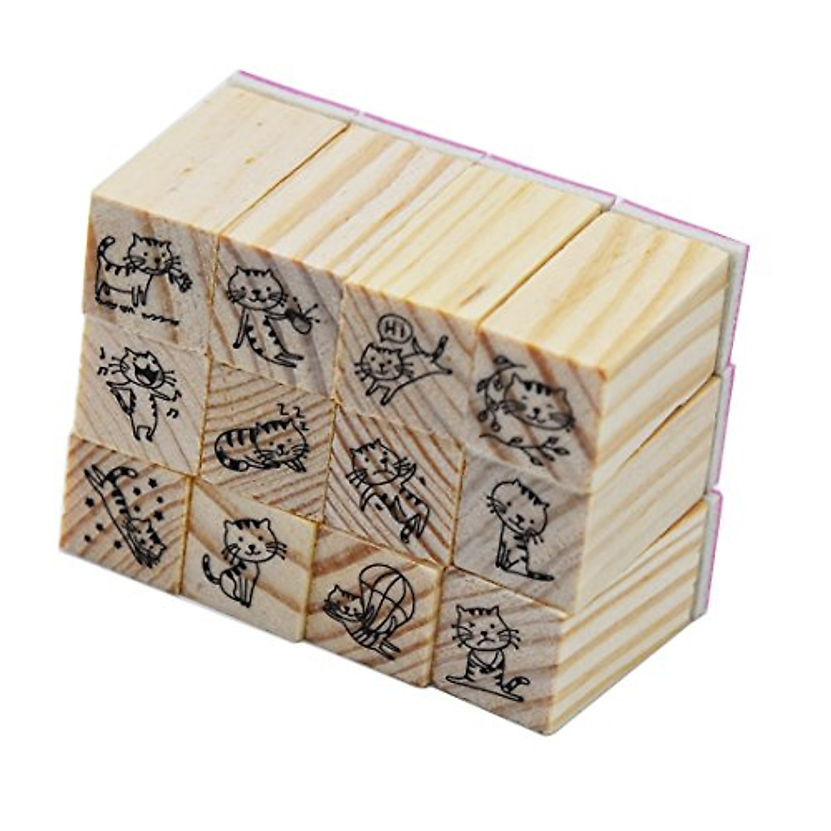 Youkwer 12 Pcs Mini Cute Wooden Rubber Stamps Set For Letters,Diary Craft,Scrapbooking in Matchbox（Vintage Lovely Cat）