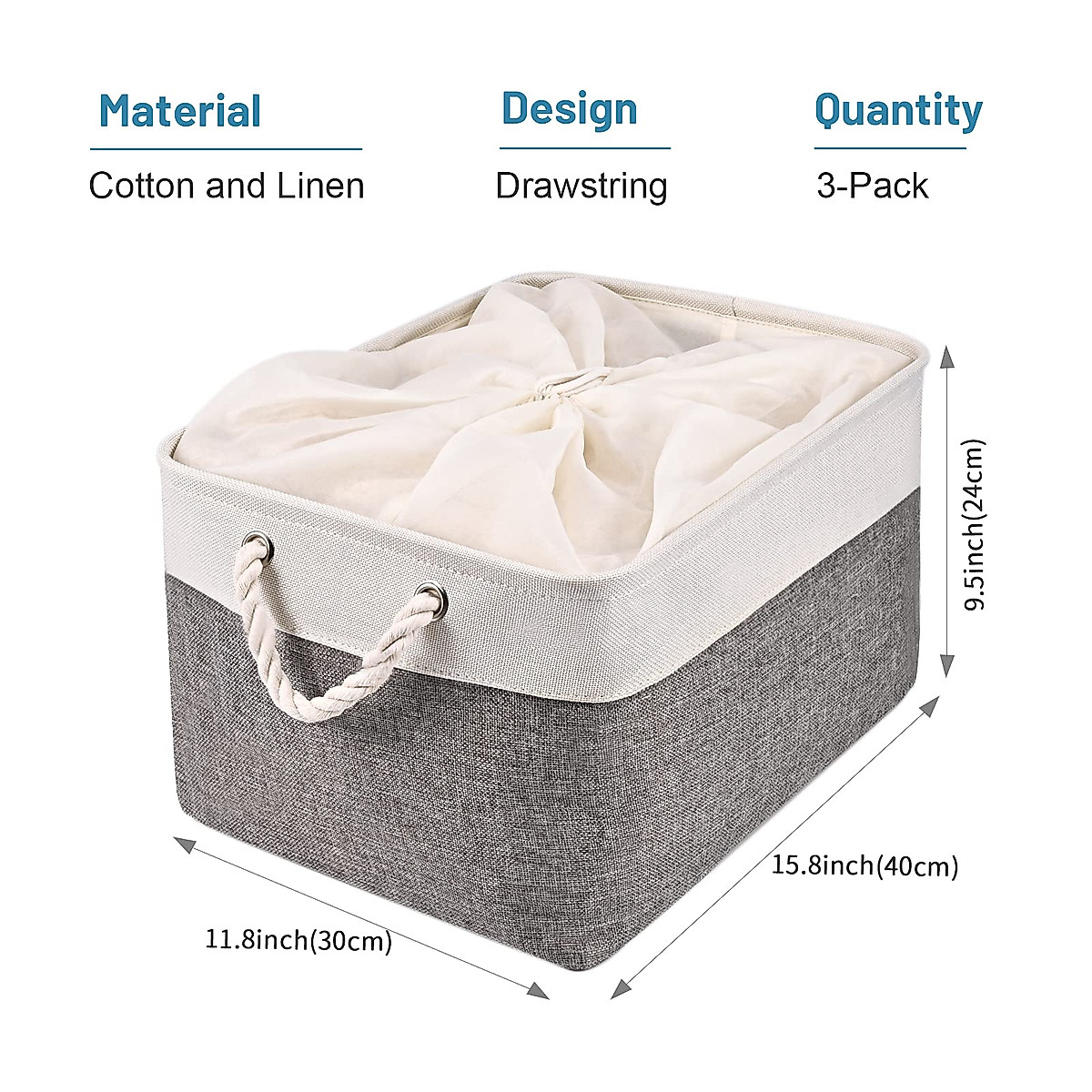HOdo Home Fabric Storage Bin with Drawstring Closure and 2 Bold Handles, Collapsible Large Canvas Storage Baskets for Organizing Shelf Nursery Home Closet (White&Grey, 15.8L×11.8W×9.5H - 3Pack)