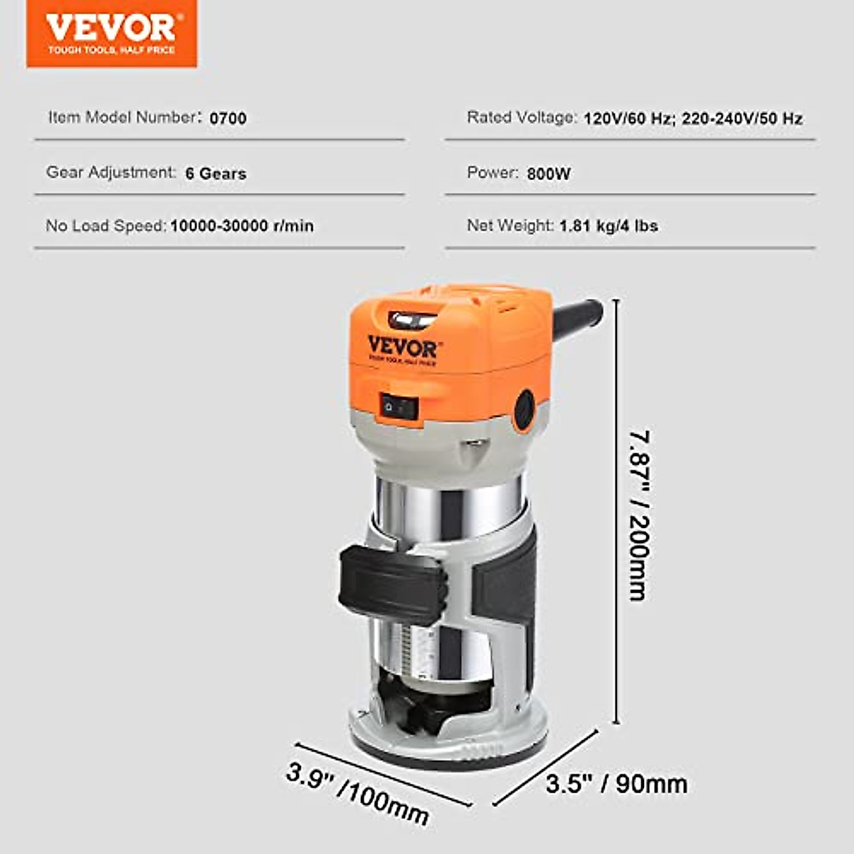 VEVOR Wood Router, 1.25HP 800W, Compact Wood Trimmer Router Tool, 30000RPM Max Speed 6 Variable Speeds, with 1/4'' & 5/16'' Collets 12 PCs Milling Cutters Dust Hood, for Woodworking Slotting Trimming