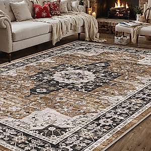 DEXI Washable Area Rug, Soft Vintage Indoor Rugs for Bedroom Living Room Kitchen Dining Room, Non-Slip Low-Pile Floor Carpet Mat for High Traffic Inside House, 8'x12', Brown