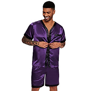 Ekouaer Silk Pajamas for Men Satin Pajama Shorts 2 Piece Button Down Pj Set V Neck Sleepwear Loungewear with Pockets S-XXL Purple