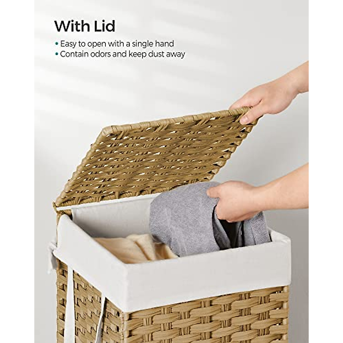 SONGMICS Laundry Hamper with Lid, 17.2 Gallon (65L) Synthetic Rattan Clothes Laundry Basket with Lid and Handles, Foldable, Removable Liner, Natural ULCB165N01