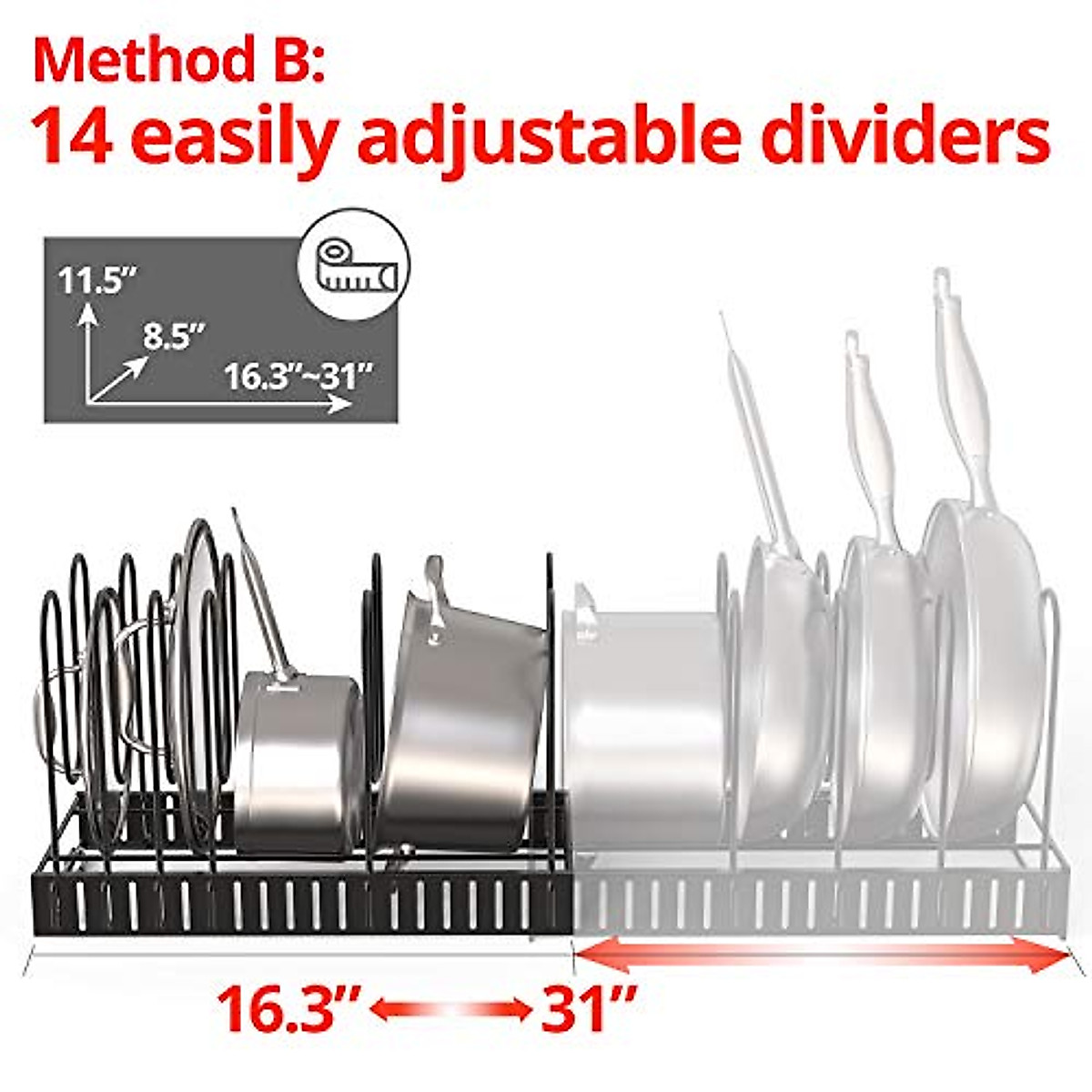 Vdomus Extensible Pot Rack Organizer with 4 DIY Methods Black & Adjustable 3 DIY Methods Pots and Pans Shelf
