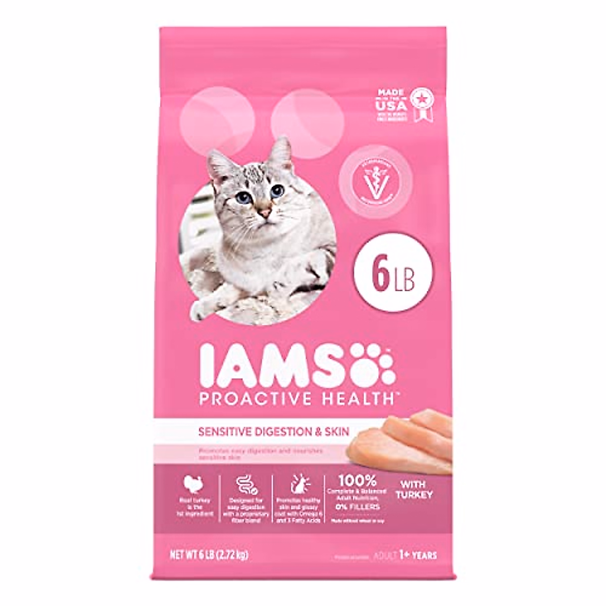 IAMS PROACTIVE HEALTH Adult Sensitive Digestion & Skin, Dry Cat Food with Turkey Cat Kibble, 6 lb. Bag