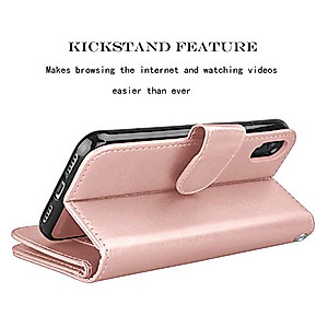 NJJEX Wallet Case for iPhone XR, for iPhone XR Case, PU Leather [9 Card Slots] ID Credit Holder Folio Flip Cover [Detachable][Kickstand] Magnetic Phone Case & Lanyard for iPhone XR 6.1" [Rose Gold]