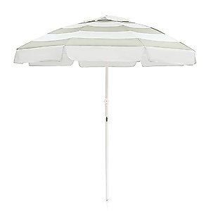 Business & Pleasure Co. Family Beach Umbrella - Premium & Lightweight 6' Beach Umbrella - UPF 50+ Blocks 98% UV - White Aluminum Pole - Sage Capri Stripe