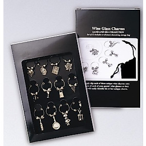 Franmara, 8350 12 Wine Glass Charms the Gourmet Collection with Velveteen Storage Bag, Black
