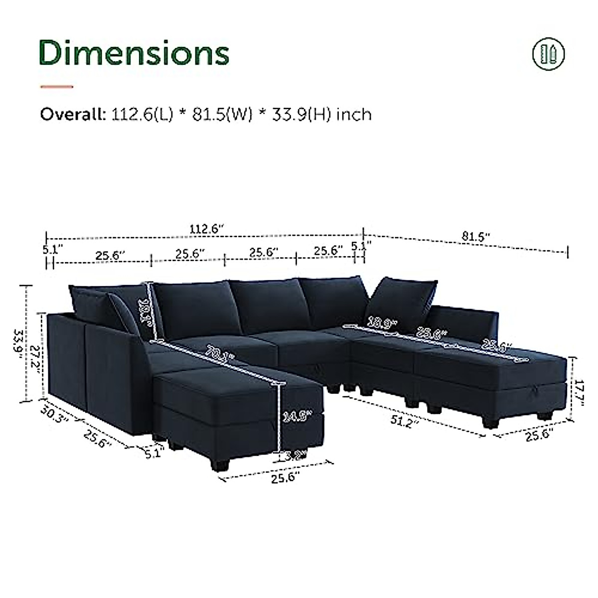 HONBAY Modular Sectional Sofa with Ottoman Oversized U Shaped Couch with Reversible Chaise Velvet Sleeper Modular Sofa Convertible Sectional Couch for Living Room, Dark Blue