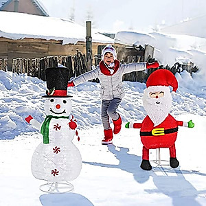 Lighted Snowman Outdoor Christmas Decorations, Set of 2 Collapsible 36 Inch Snowman 32 Inch Santa 100 LEDs Plug-in Power Fluffy Foldable Pop Up Holiday Display for Christmas Indoor Outdoor Yard Décor