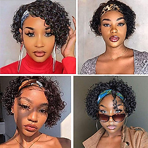 Legendhair Glueless Wig Human Hair Curly Bob Pixie Cut Headband Wigs Human Hair Afro kinky Curly None Lace Front Wigs for Black Women 180% Density Machine Made Headband Wigs Natural Color (8Inch)
